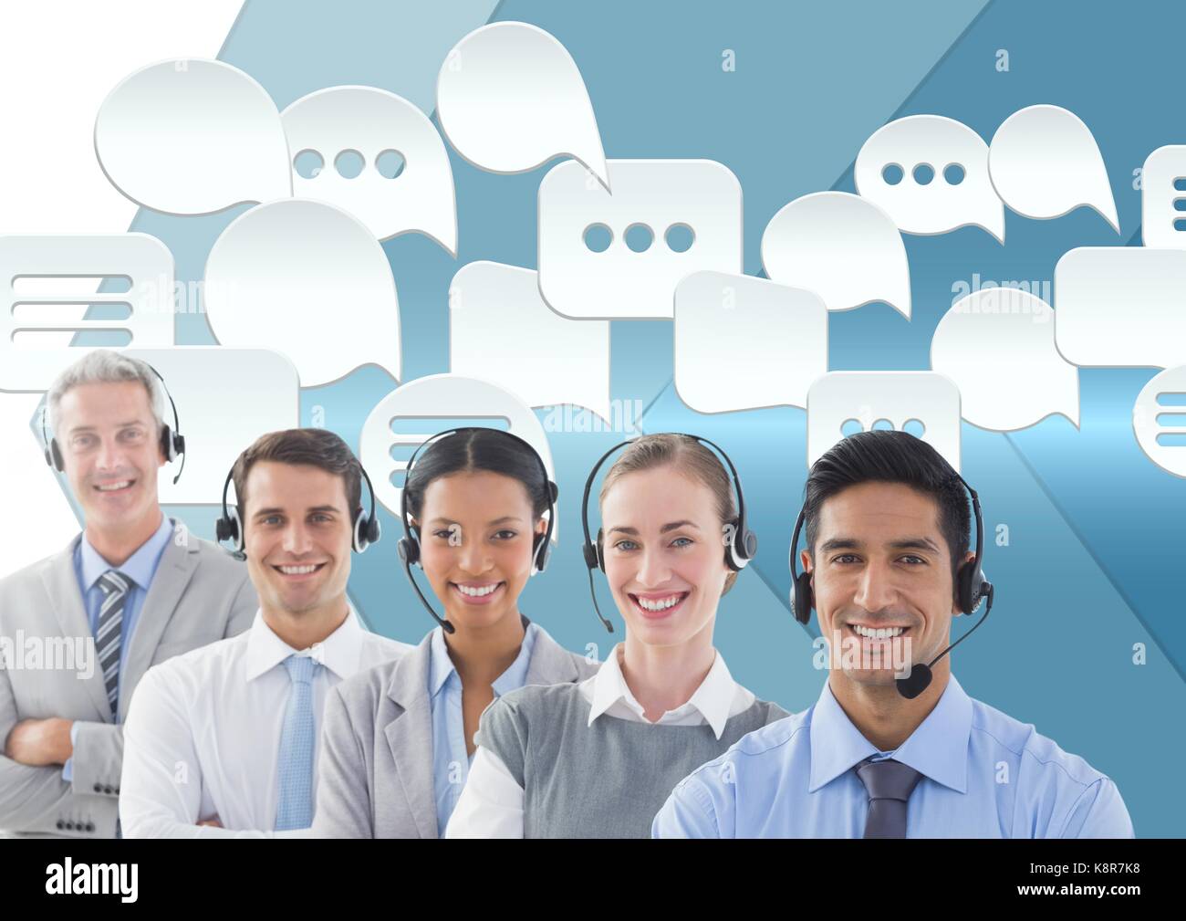 Digital composite of Customer care service people with chat bubbles ...