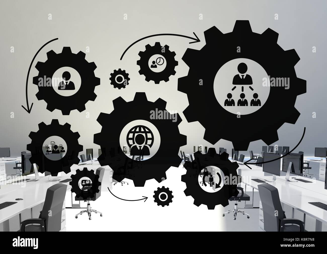 Digital composite of People in cogs graphics against office background ...