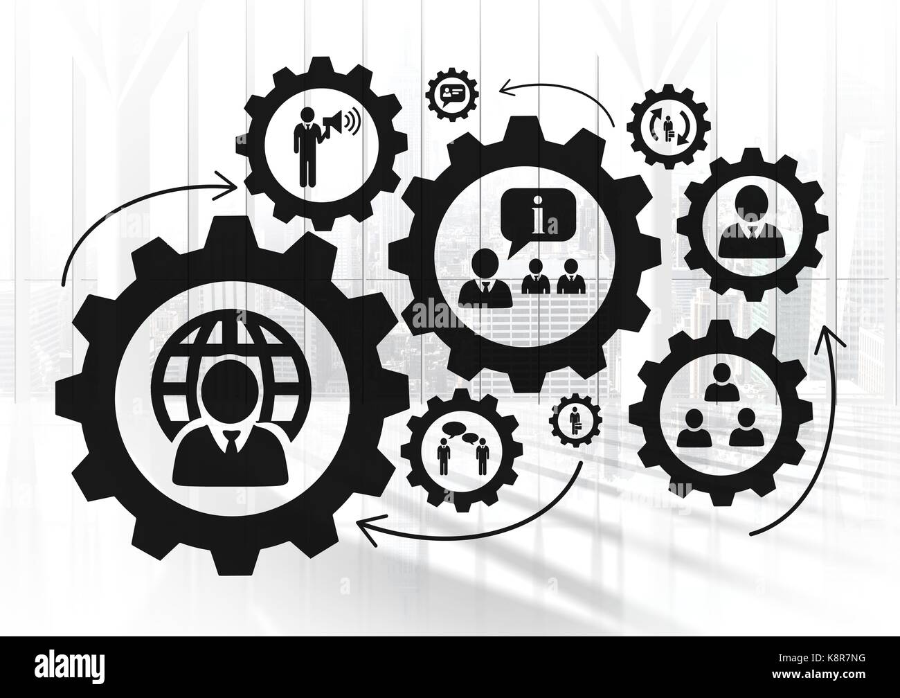 Digital composite of People in cogs graphics against office background ...