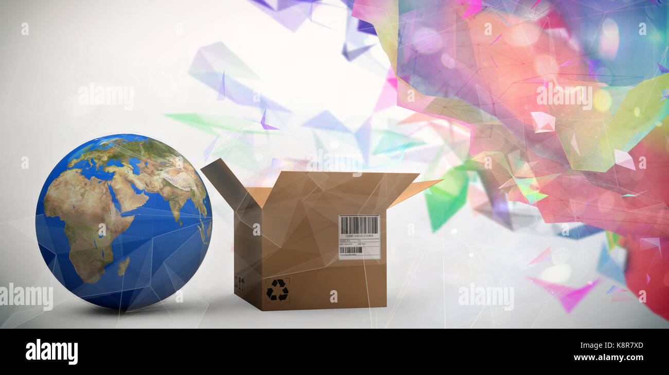World map and brown cardboard box against abstract glowing black ...