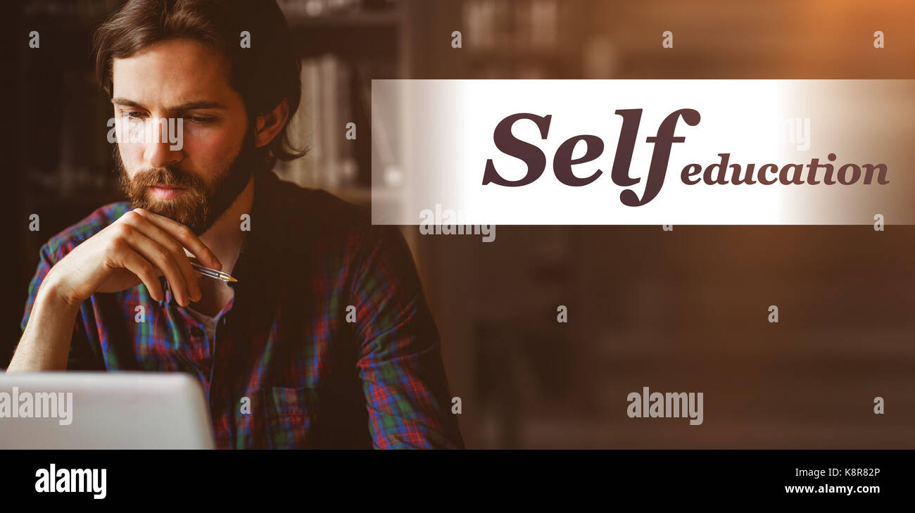 Self education word against student studying in library at university ...