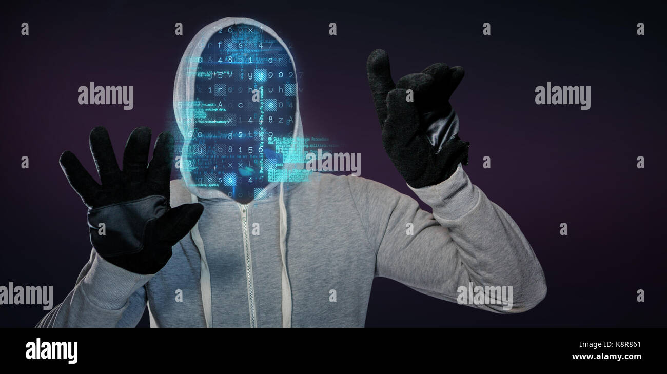 Robber with hood and gloves against purple and pink background Stock ...