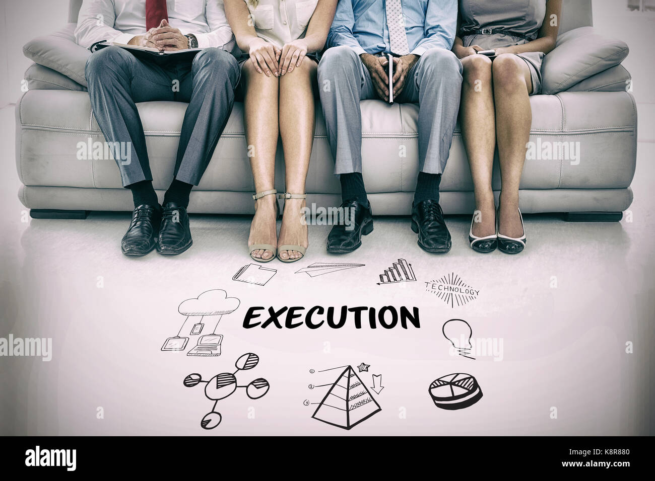 Execution text surrounded by various web icons against portrait of ...