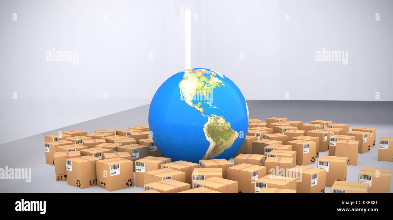 Digitally generated image of boxes and blue globe against abstract room ...