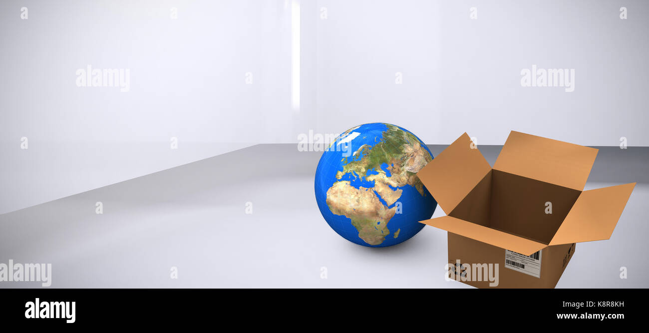 High angle view of planet earth and cardboard box against abstract room ...