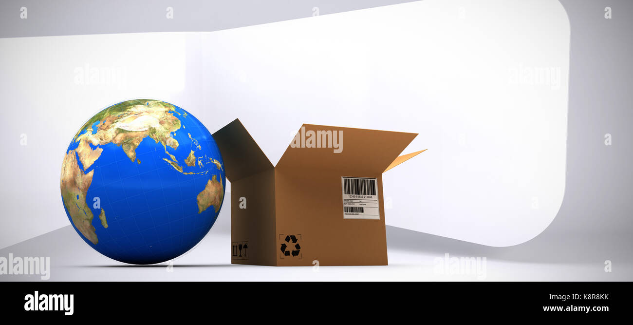 World map and brown box against abstract room Stock Photo - Alamy
