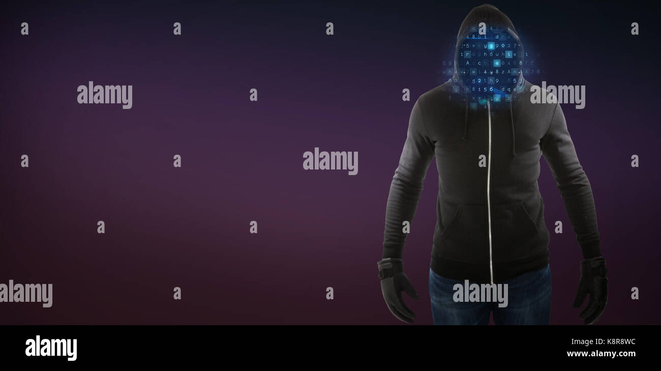 Male hacker standing against pink and purple background Stock Photo - Alamy