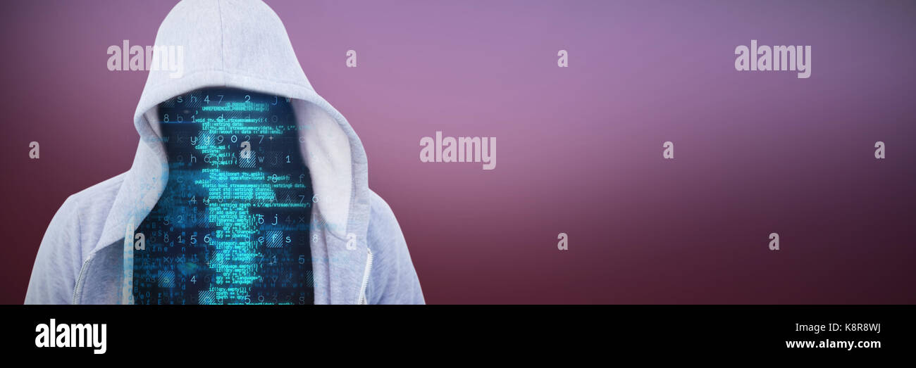 Robber in gredy hoodie against pink and purple background Stock Photo ...