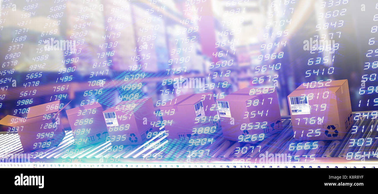 Cardboard boxes on conveyor belt against stocks and shares Stock Photo ...