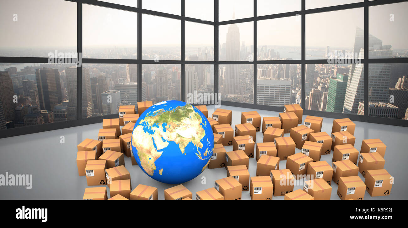 Digital composite image of globe amidst boxes against room with large ...