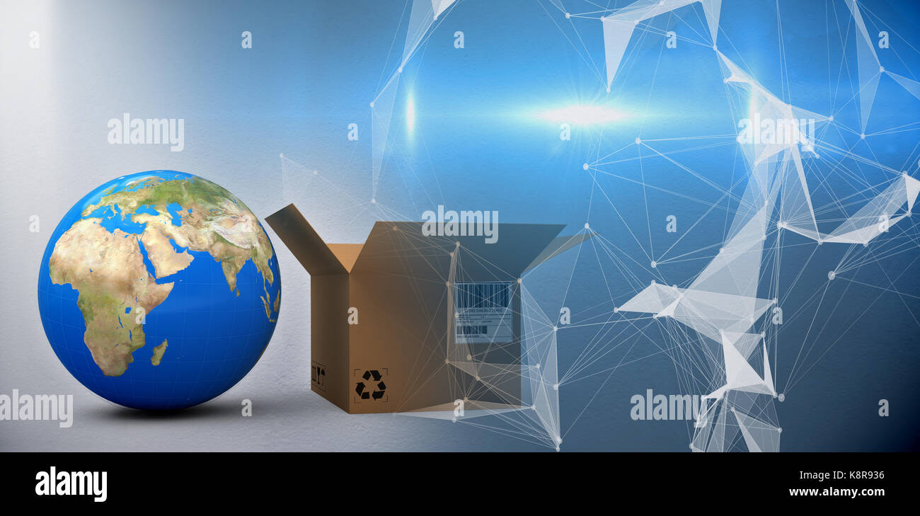 World map and brown cardboard box against digitally generated image of ...