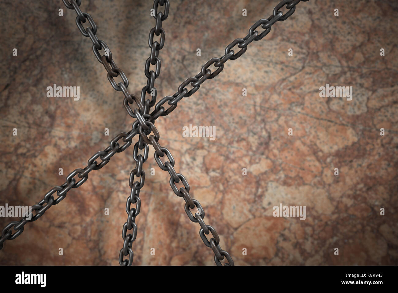 3d image of metallic chains intersecting against old wall background ...
