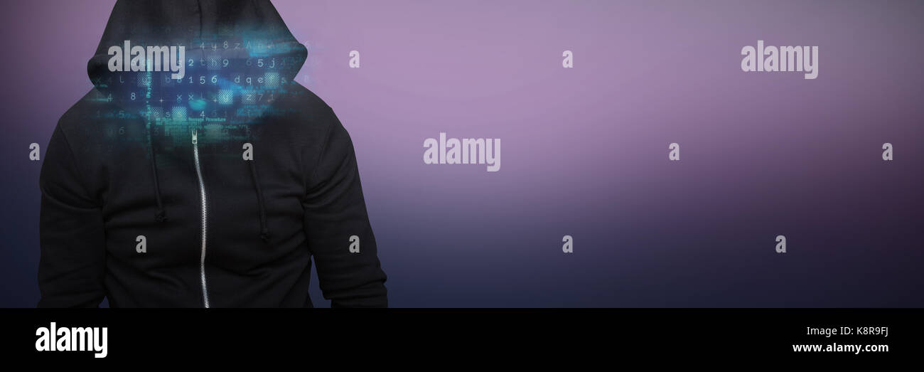 Robber wearing black hoodie against purple and pink background Stock ...