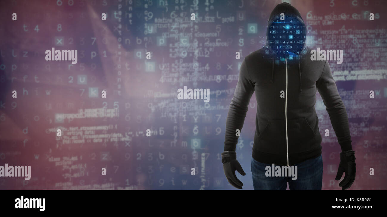 Male hacker standing against pink and purple background Stock Photo - Alamy