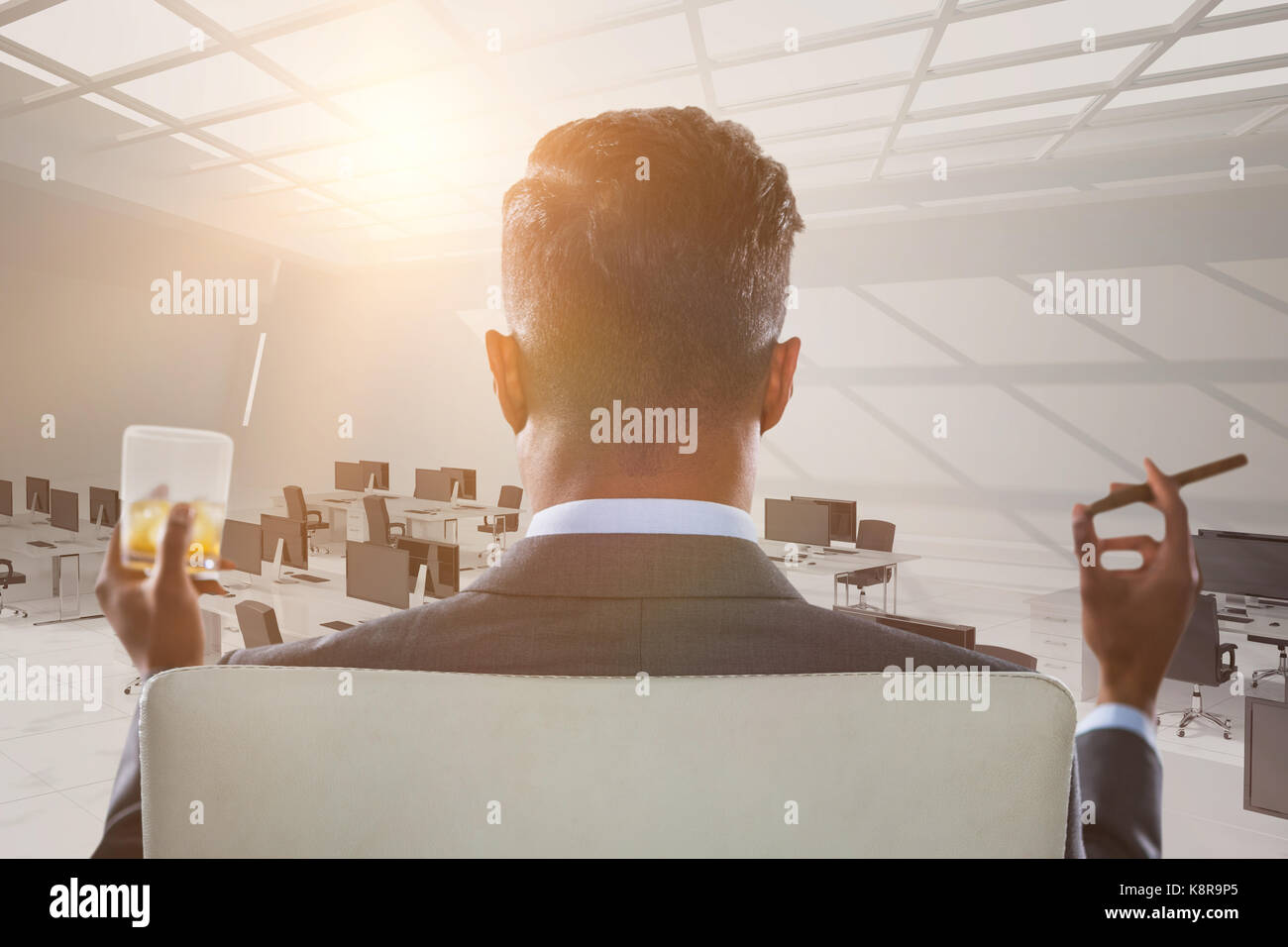 Rear View Of Businessman Holding Whisky Glass And Cigar Against