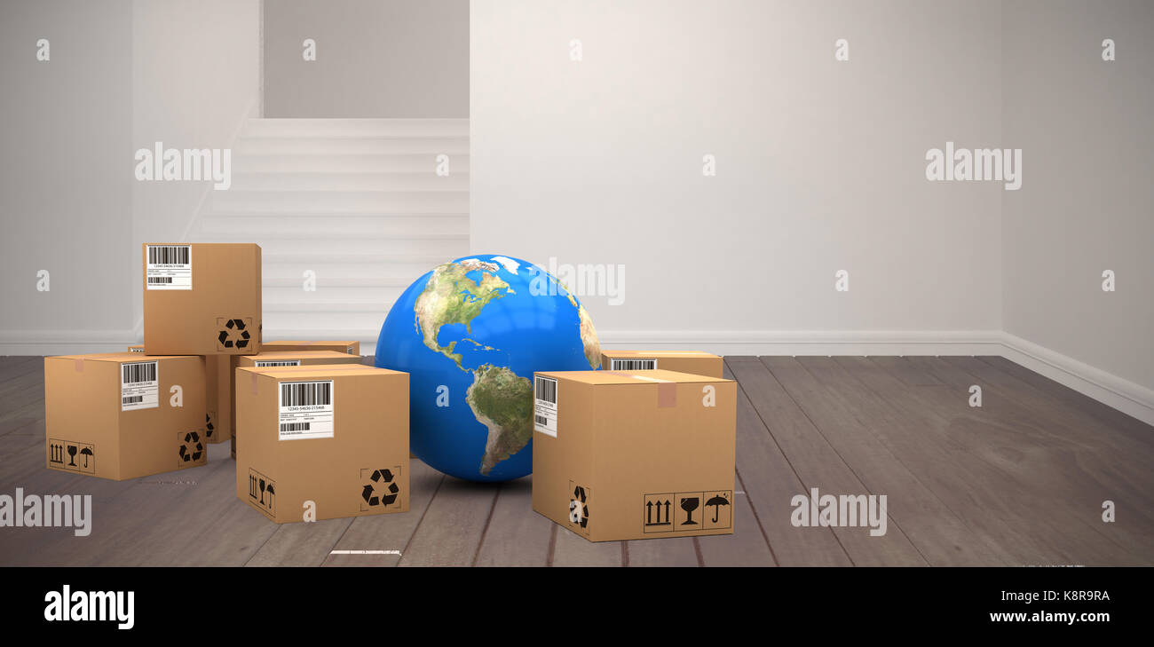 Blue globe with cardboard boxes against empty room Stock Photo - Alamy