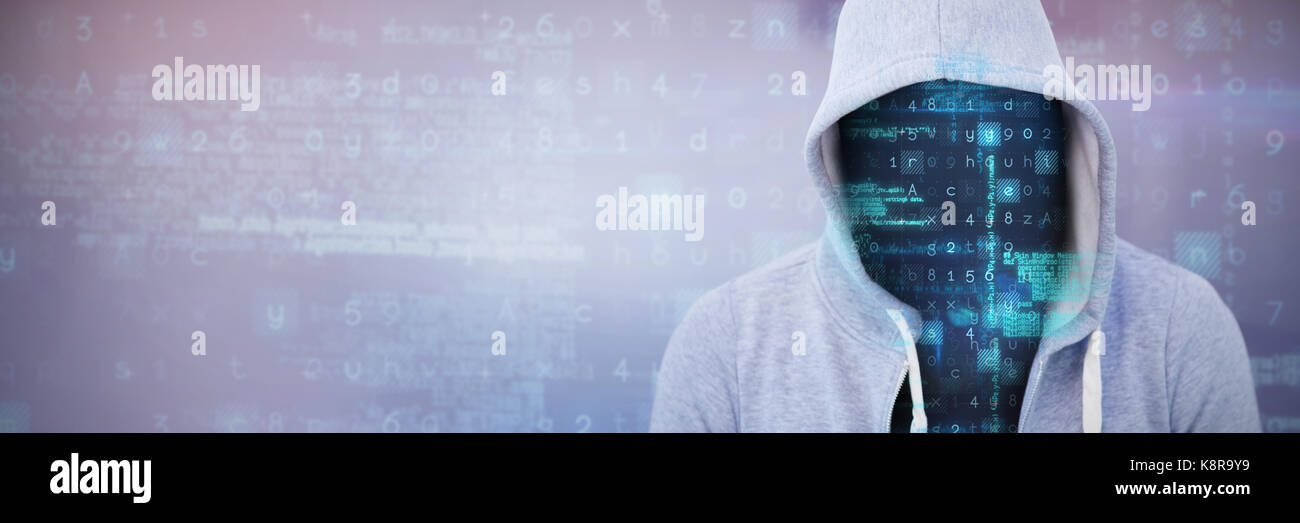 Robber wearing gray hoodie against gray and purple background Stock ...