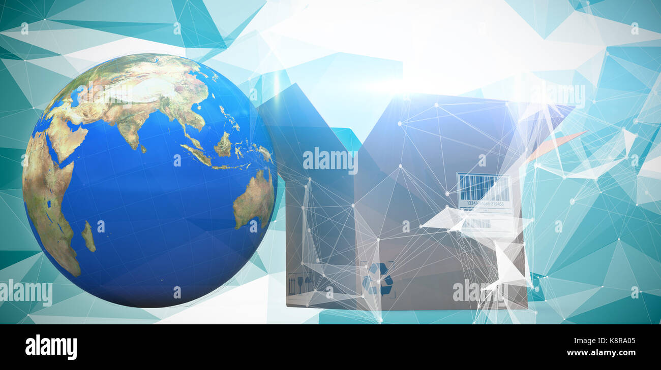 World map and brown box against digitally generated image of abstract ...