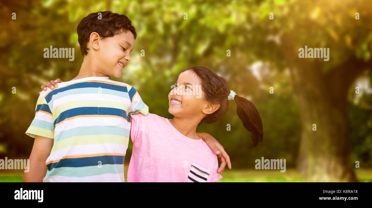 Happy friends against white background against trees and meadow in the ...
