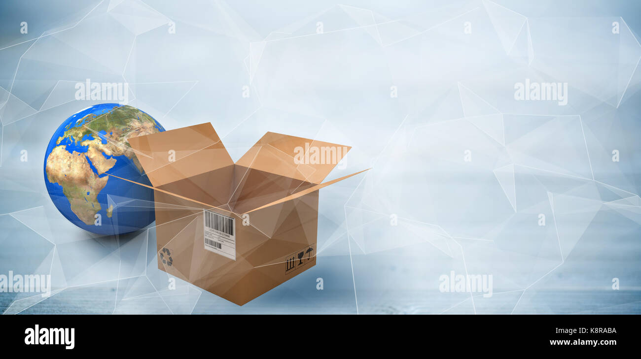 Planet earth and brown cardboard box against abstract glowing black ...