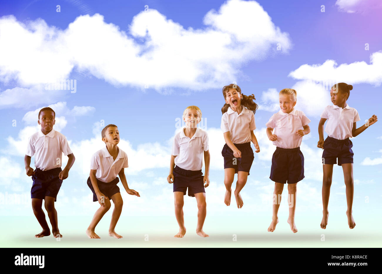 Happy students in school uniforms against blue sky Stock Photo - Alamy