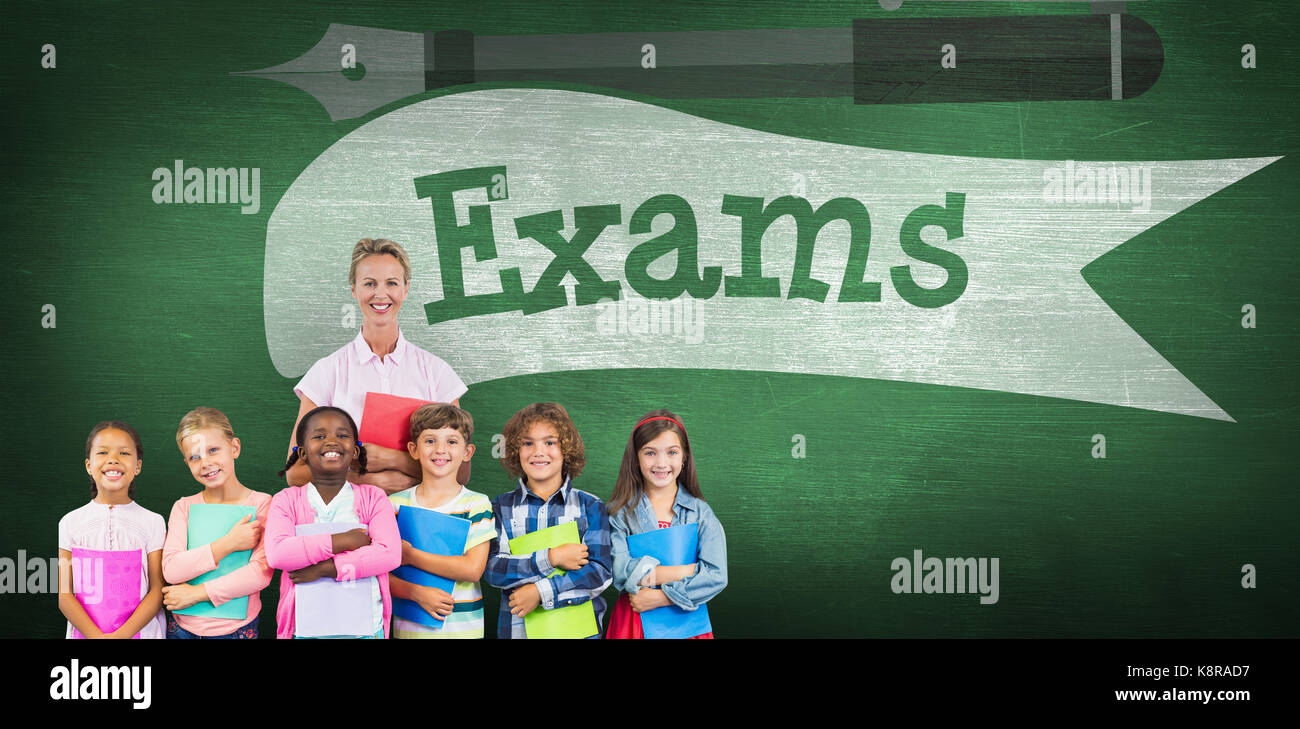Portrait of students with teacher holding files against exams against ...