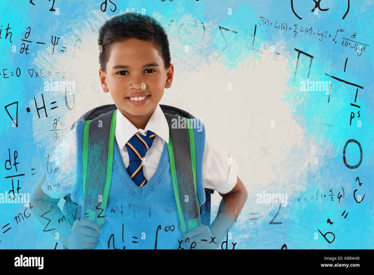 Illustration of mathematics symbols against schoolboy in school uniform ...