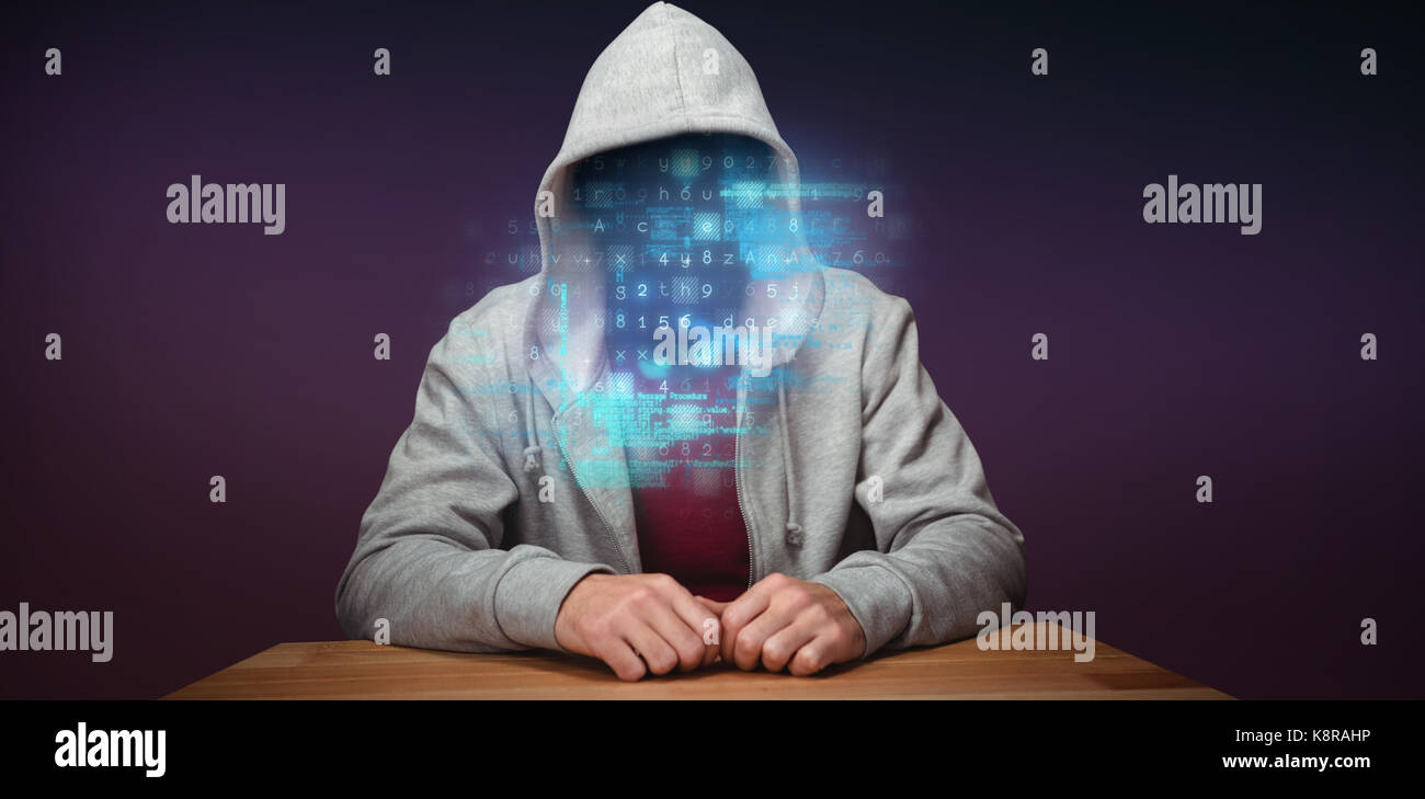 Robber sitting at table against pink and purple background Stock Photo ...