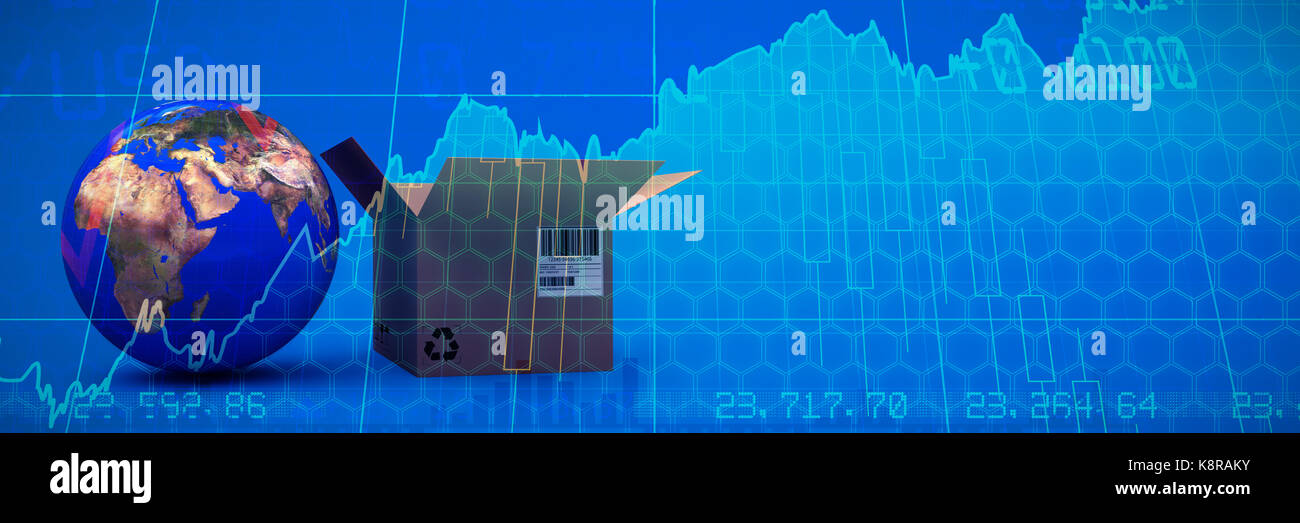 World map and brown cardboard box against stocks and shares Stock Photo ...