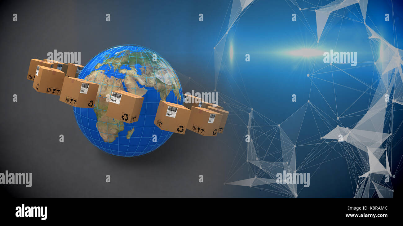 World map amidst cardboard boxes against digitally generated image of ...