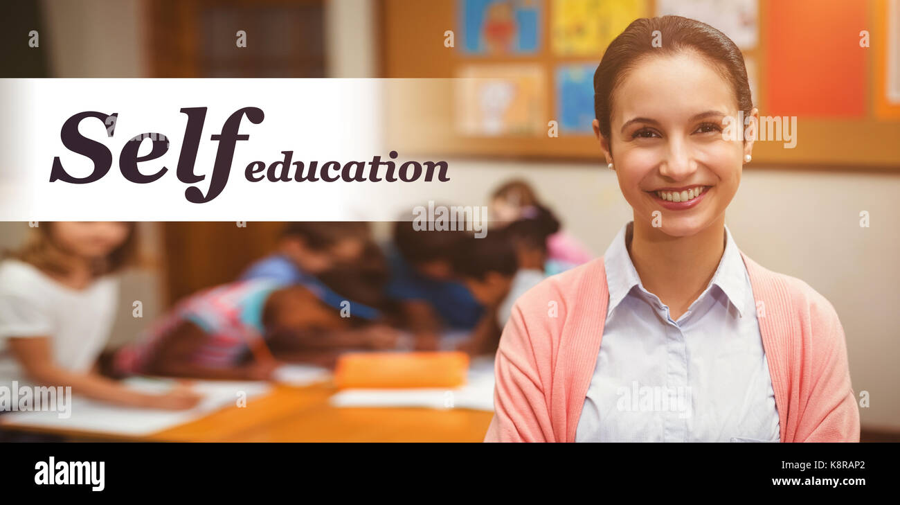 Self education word against portrait of teacher smiling in classroom ...