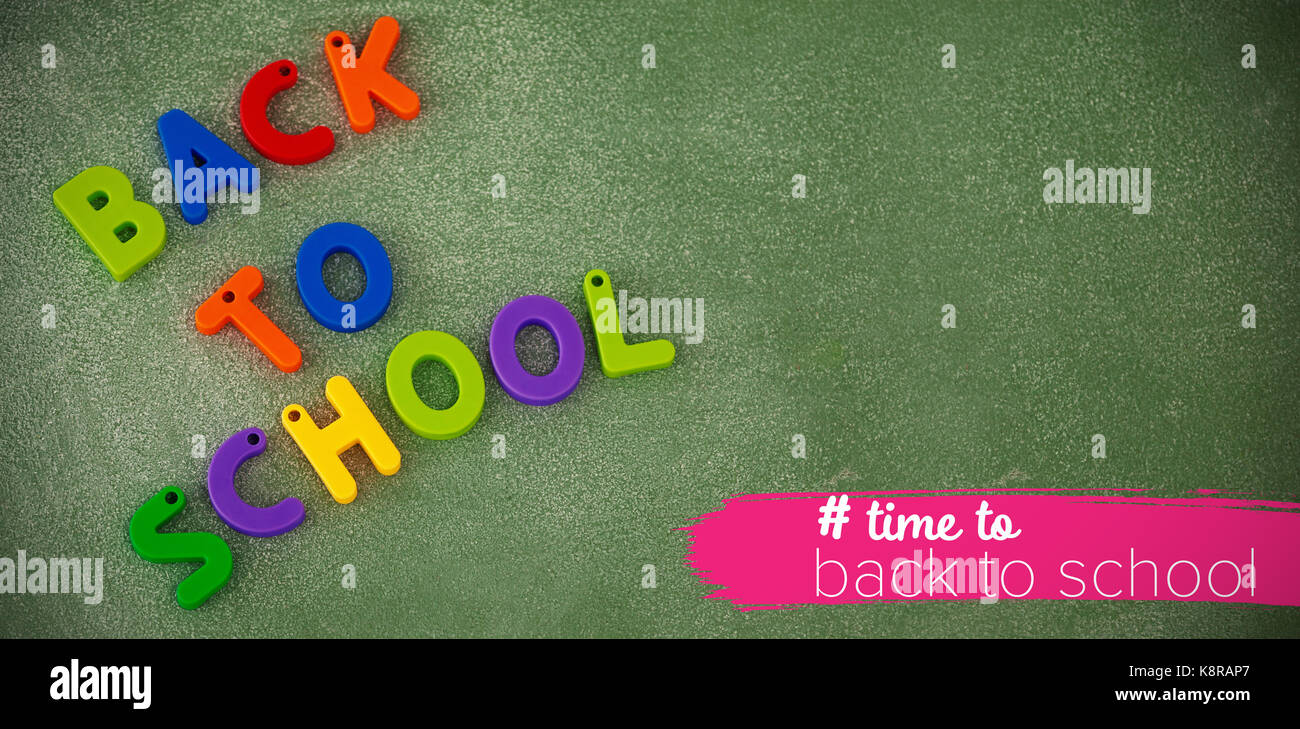 Back to school text with hashtag against high angle view of back to ...