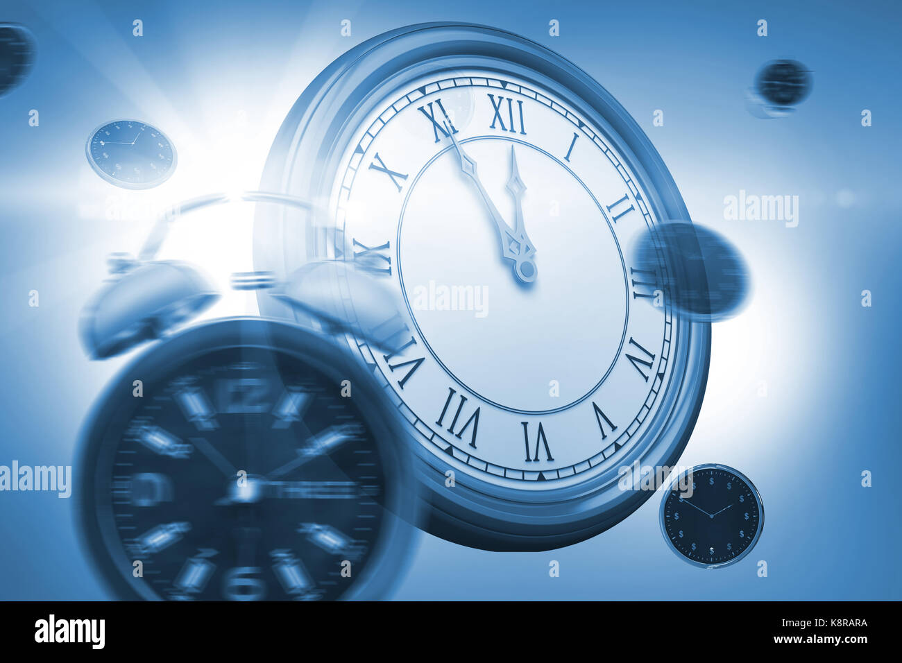 Digital image of alarm and wall clocks against white background Stock ...