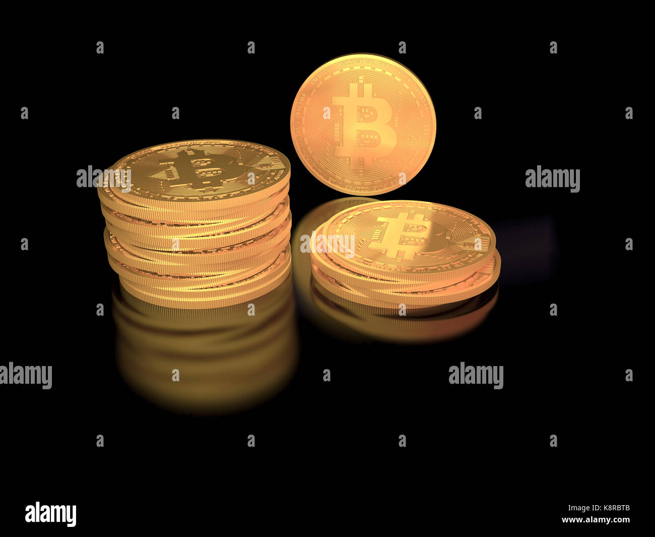stack of golden bitcoin tokens on black background with reflection ...