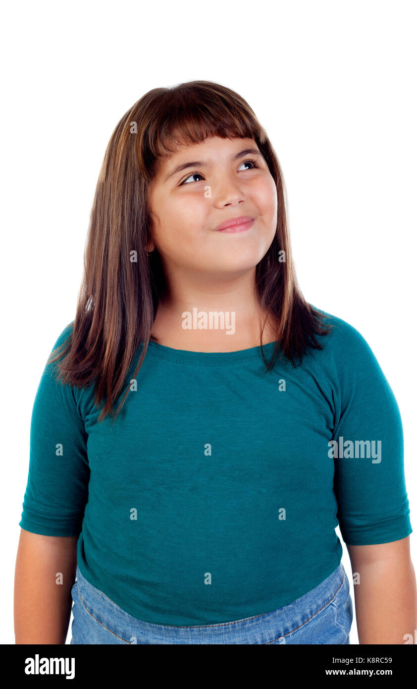 Adorable girl with eleven years old looking up isolated on a white ...