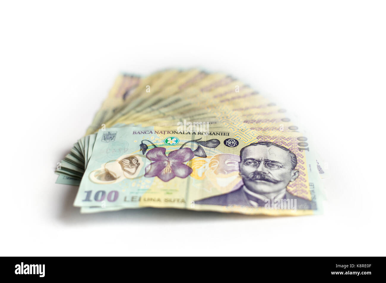Bundle of money isolated on a white background, Romanian banknotes 100 ...