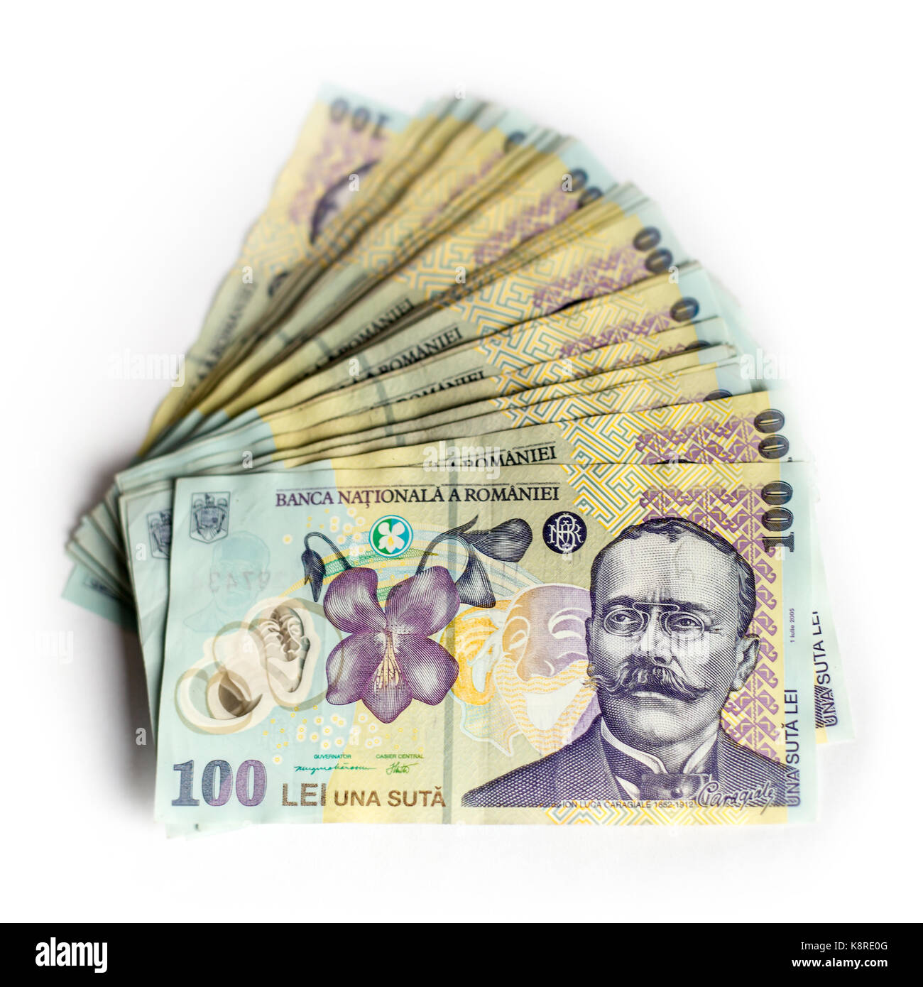 Bundle of money isolated on a white background, Romanian banknotes 100 ...