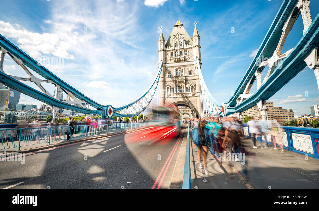 Red double-decker bus on the Tower Bridge, motion blur, Tower Bridge ...