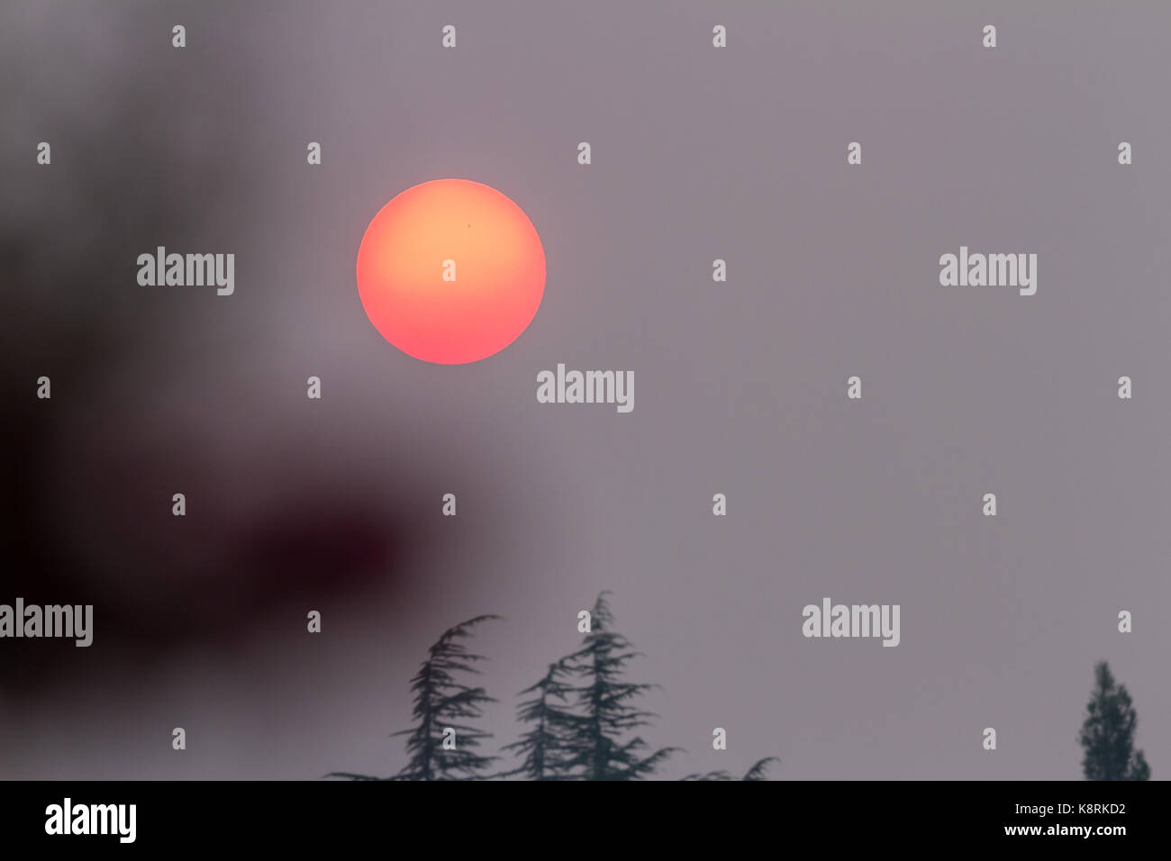 Red sun rising in smoky hi-res stock photography and images - Alamy