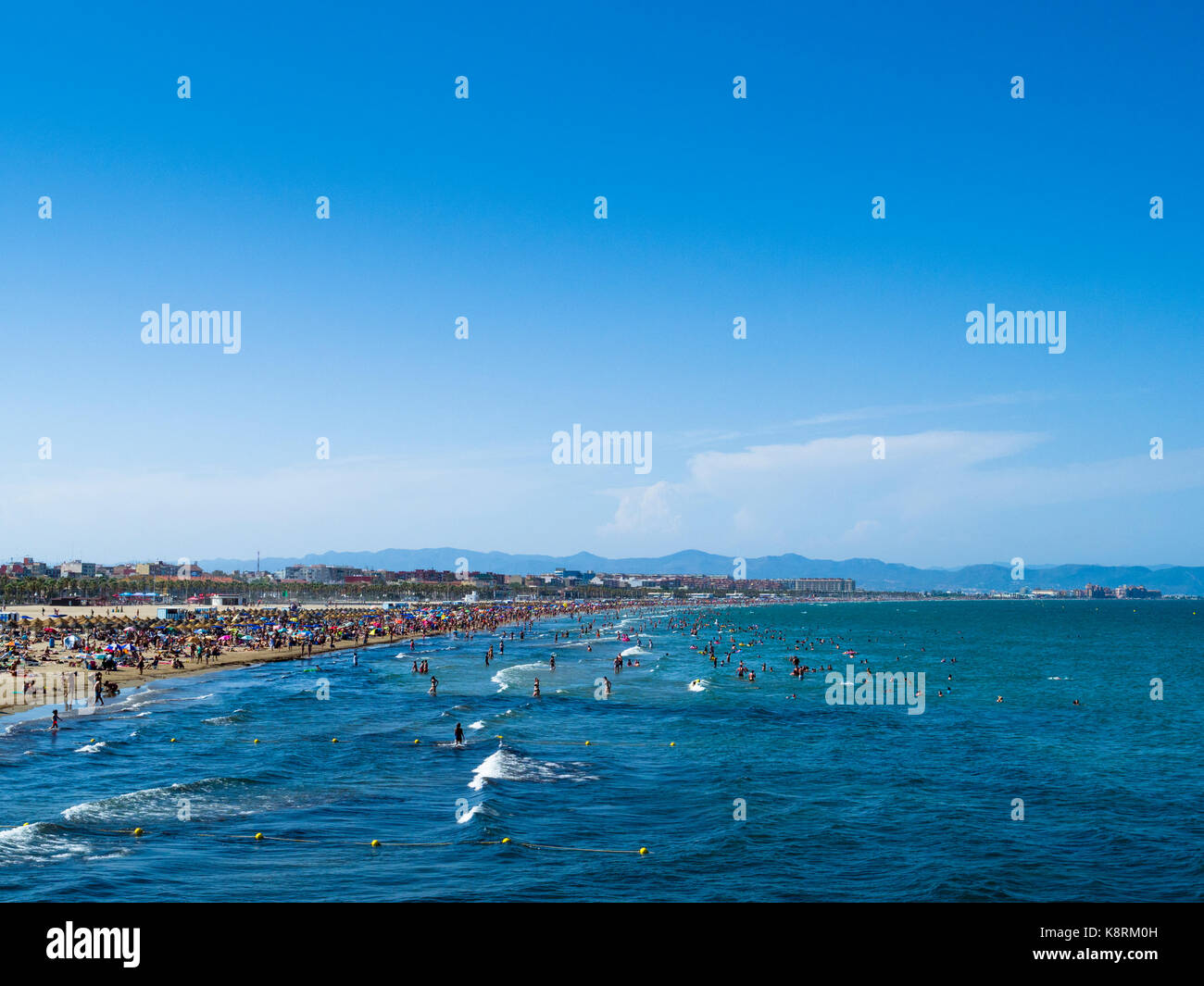Playa del Cabanyal (Las Arenas beach) in summer, Valencia, Spain Stock ...