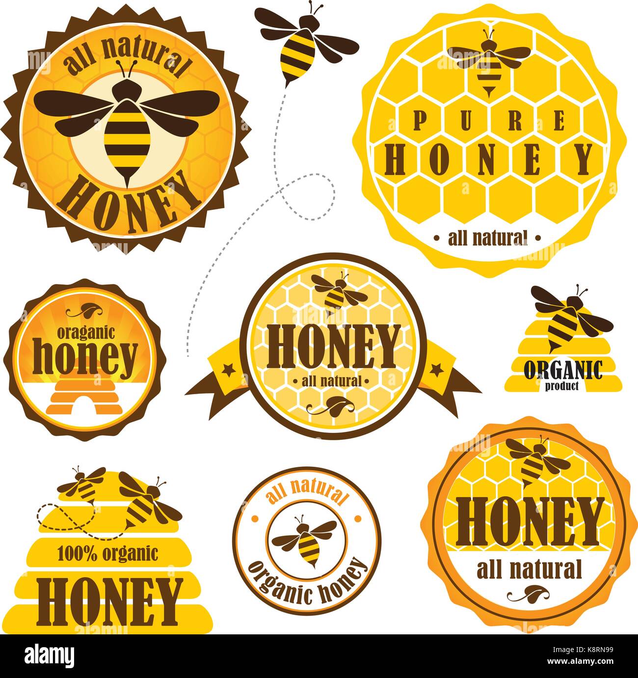 Set of eight unique honey labels with bees, beehive and honeycomb Stock ...