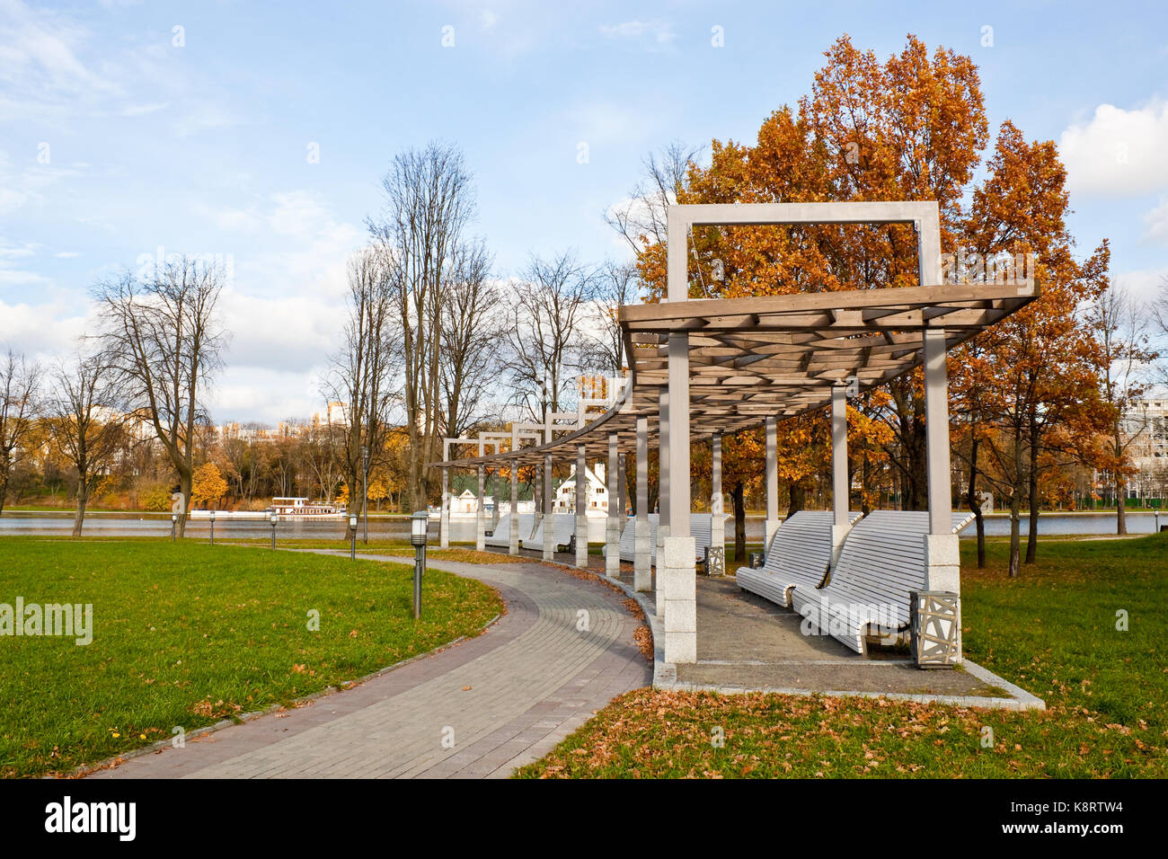 Benches near Komsomolskoye lake in Victory park in Minsk, Belarus Stock ...