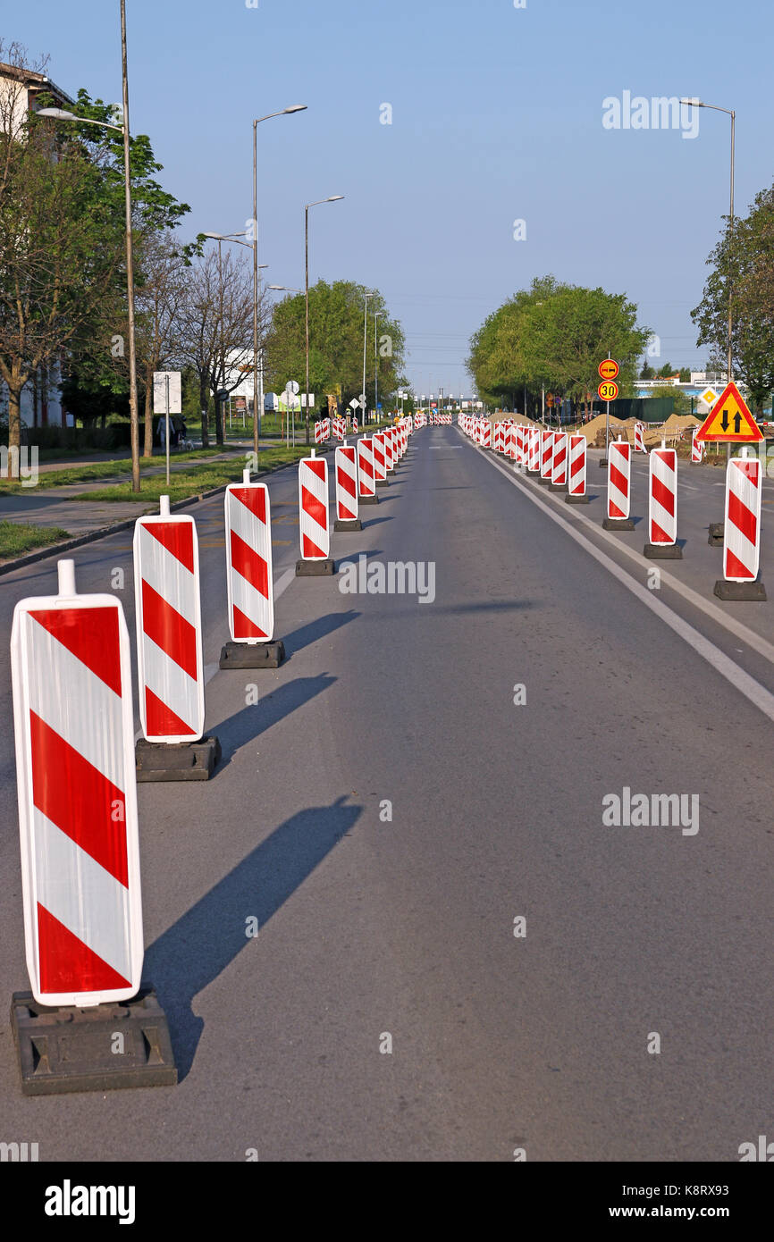 roadwork signs on street road construction Stock Photo - Alamy