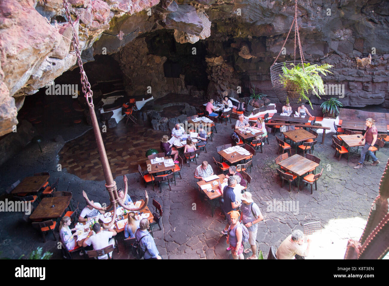 Restuarant cavern formed by volcanic lava tunnel, Jameos de Agua ...