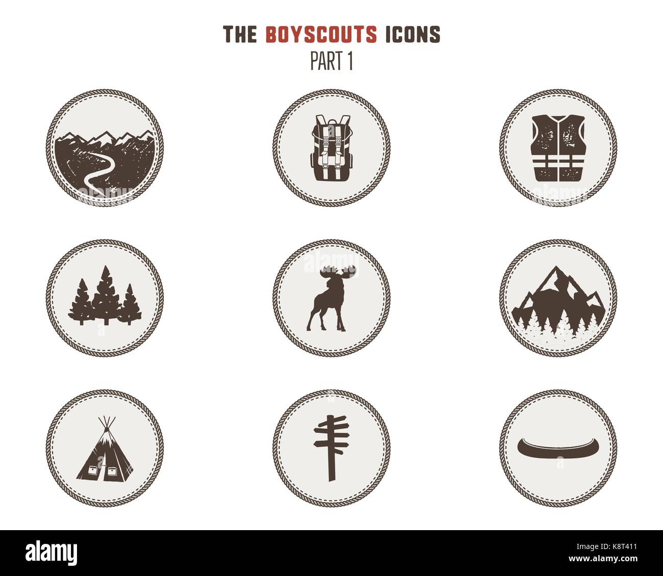 Boy scouts icons, patches. Camping stickers. Tent, moose, backpack ...