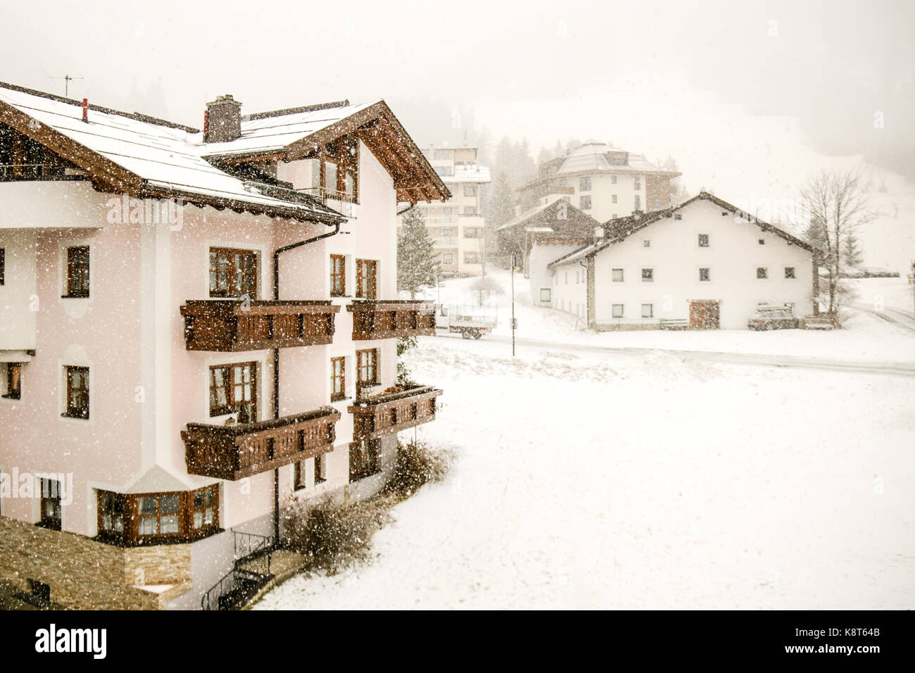 Heavy snowfall in the Austrian mountain village Ischgl. Landscape with ...