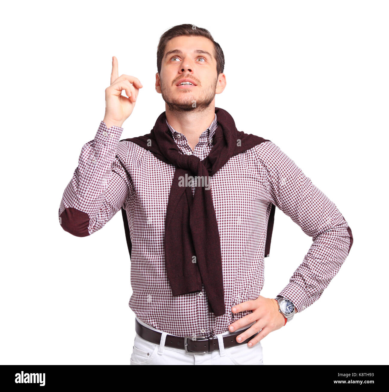 Thinking man isolated on white background. Closeup portrait of a casual ...
