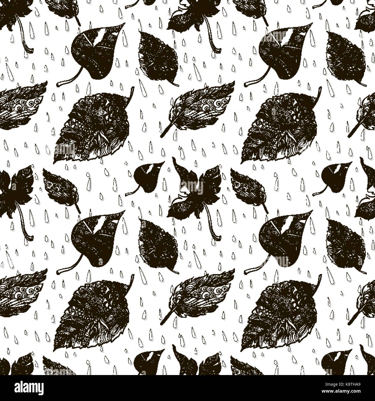 Seamless vector background black and white doodle autumn foliage with ...