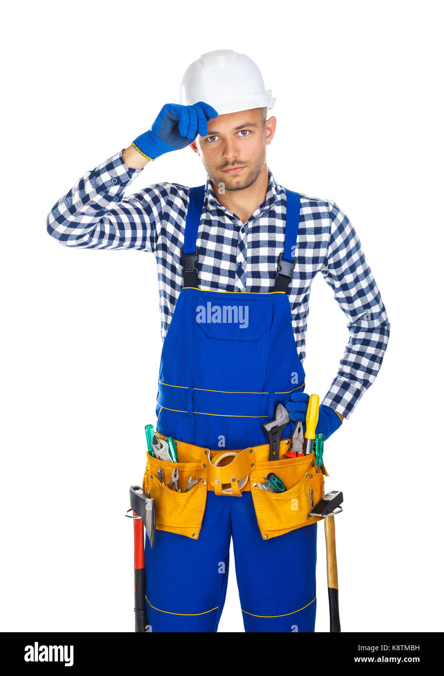 Friendly smiling construction worker saluting isolated on white ...
