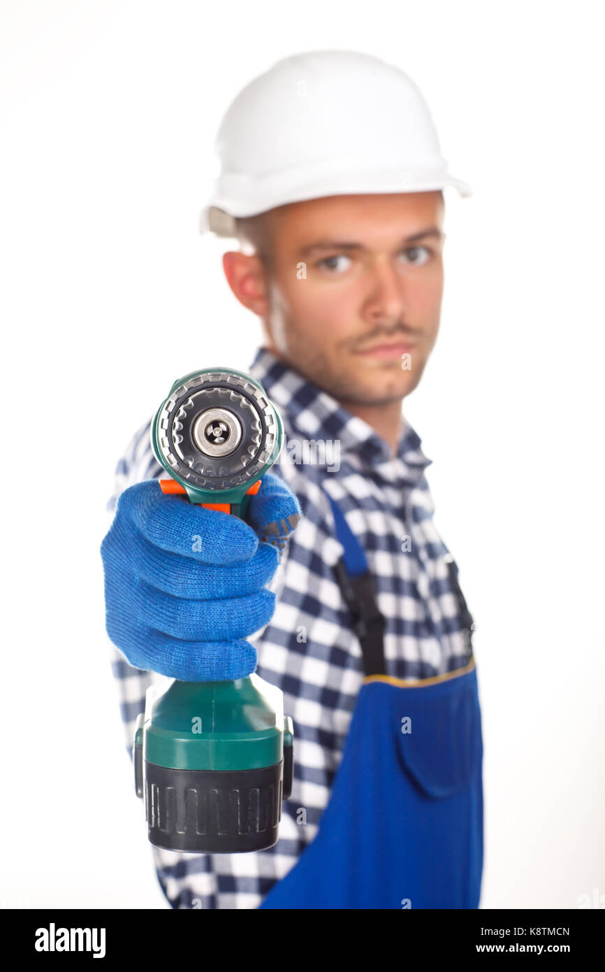 Happy smiling construction worker with drill isolated on white ...
